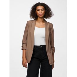 Blusenblazer Pieces "PCBOSELLA 3/4 BLAZER NOOS", Damen, Gr. M, beige (fossil), Web, Obermaterial: 79% Polyester, 16% Viskose, 5% Elasthan, unifarben, slim fit h&uuml;ftbedeckend, Blazer Blusenblazer, Materialmix, regular fit