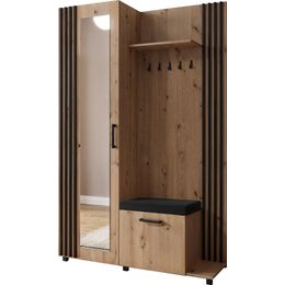 GARDEROBE Linaro mit Spiegel, Sitzbank in Lamellen-Optik 137/207/42 cm, Rechts
