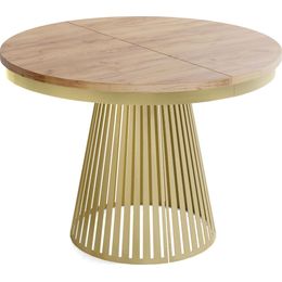 ESSTISCH Naro rund ausziehbar mit Goldem Lamellen-Metallgestell, Eiche Braun 120-200/120/76 cm