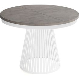 ESSTISCH Naro rund ausziehbar mit Wei&szlig;em Lamellen-Metallgestell, Beton-Optik Dunkelgrau 100-180/100/76 cm