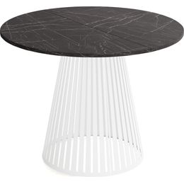 ESSTISCH Naro rund ausziehbar mit Wei&szlig;em Lamellen-Metallgestell, Marmor Schwarz 120-200/120/76 cm