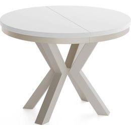 ESSTISCH Clara Grau-Beige runder ausziehbarer, Wei&szlig; 120-200/120/76 cm