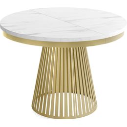 ESSTISCH Naro rund ausziehbar mit Goldem Lamellen-Metallgestell, Marmor Wei&szlig; 120-200/120/76 cm