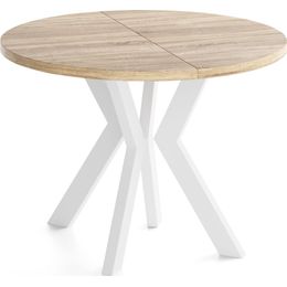 ESSTISCH Savio Wei&szlig; rund ausziehbar verl&auml;ngerbar, Eiche Sonoma Hellbraun 90-190/90/77 cm