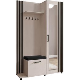 GARDEROBE Linaro mit Spiegel, Sitzbank in Lamellen-Optik 137/207/42 cm, Links