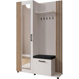 GARDEROBE Linaro mit Spiegel, Sitzbank in Lamellen-Optik 137/207/42 cm, Rechts