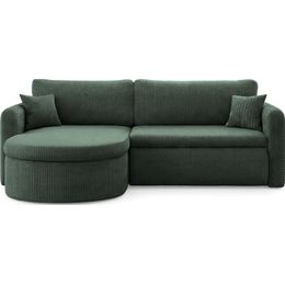 ECKSOFA Cora mit Schlaffunktion & Stauraum, Universell Rechts/Links, Dunkelgr&uuml;n Cord Chenille 260/82/160 cm