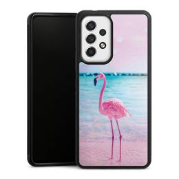 DeinDesign Galaxy A53 5G Handy Gallery Case Handyh&uuml;lle 9H Geh&auml;rtetes Glas R&uuml;ckseite H&uuml;lle Tropical Flamingo Beach Gallery Case