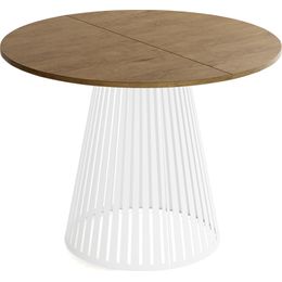 ESSTISCH Naro rund ausziehbar mit Wei&szlig;em Lamellen-Metallgestell, Braun 120-200/120/76 cm