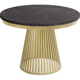 ESSTISCH Naro rund ausziehbar mit Goldem Lamellen-Metallgestell, Marmor Schwarz 100-180/100/76 cm