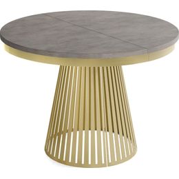 ESSTISCH Naro rund ausziehbar mit Goldem Lamellen-Metallgestell, Beton-Optik Dunkelgrau 100-180/100/76 cm