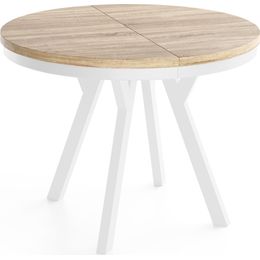 ESSTISCH Vero Neo Wei&szlig; rund ausziehbar verl&auml;ngerbar, Eiche Sonoma Hellbraun 100-200/100/77 cm