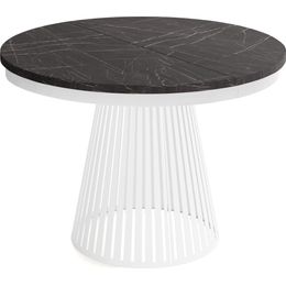 ESSTISCH Naro rund ausziehbar mit Wei&szlig;em Lamellen-Metallgestell, Marmor Schwarz 100-180/100/76 cm