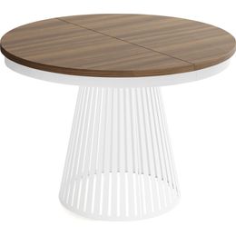ESSTISCH Naro rund ausziehbar mit Wei&szlig;em Lamellen-Metallgestell, Walnuss Braun 100-180/100/76 cm