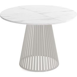 ESSTISCH Naro rund ausziehbar mit Lamellen-Metallgestell in Grau-Beige, Marmor Wei&szlig; 100-180/100/76 cm