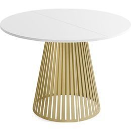 ESSTISCH Naro rund ausziehbar mit Goldenem Lamellen-Metallgestell, Wei&szlig; 100-180/100/76 cm