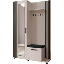GARDEROBE Linaro mit Spiegel, Sitzbank in Lamellen-Optik 137/207/42 cm, Rechts