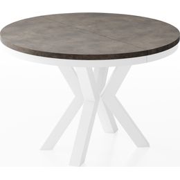 ESSTISCH Clara Wei&szlig; runder ausziehbarer, Dunkelgrauer Chicago Beton 120-200/120/76 cm