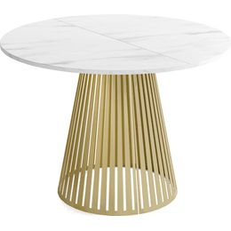 ESSTISCH Naro rund ausziehbar mit Goldenem Lamellen-Metallgestell, Marmor Wei&szlig; 120-200/120/76 cm