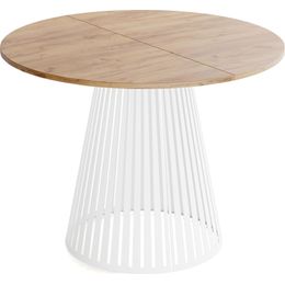 ESSTISCH Naro rund ausziehbar mit Wei&szlig;em Lamellen-Metallgestell, Braun 120-200/120/76 cm