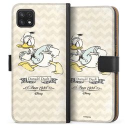DeinDesign Galaxy A22 5G Handy Klapph&uuml;lle Handyh&uuml;lle aus Kunst Leder schwarz Flip Case Disney Donuld Duck Vintage Official Licensed Product Sideflip mit langer 