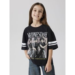 T-Shirt name it "NKFJIXINA WED SS RLX TOP BOX NOOS SKY", M&auml;dchen, Gr. 134/140, schwarz, Jersey, Obermaterial: 95% Baumwolle, 5% Elasthan, bedruckt, relaxed fit normal, Rundhals, Shirts T-Shirt