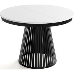 ESSTISCH Naro rund ausziehbar mit Schwarzem Lamellen-Metallgestell, Wei&szlig; 100-180/100/76 cm