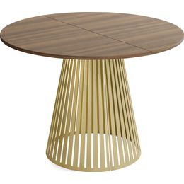 ESSTISCH Naro rund ausziehbar mit Goldenem Lamellen-Metallgestell, Walnuss Braun 120-200/120/76 cm