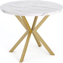 ESSTISCH Flora runder ausziehbarer, Marmor Wei&szlig; 100-180/100/76 cm