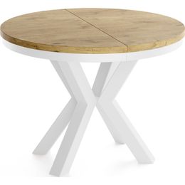 ESSTISCH Clara Wei&szlig; runder ausziehbarer, Lancelot Eiche 100-180/100/76 cm