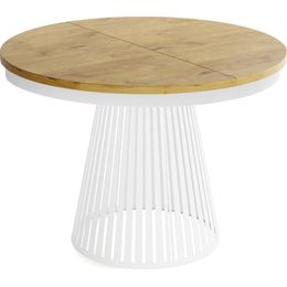 ESSTISCH Naro rund ausziehbar mit Wei&szlig;em Lamellen-Metallgestell, Braun 100-180/100/76 cm