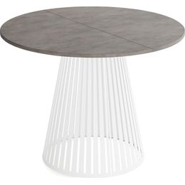 ESSTISCH Naro rund ausziehbar mit Wei&szlig;em Lamellen-Metallgestell, Beton-Optik Dunkelgrau 100-180/100/76 cm