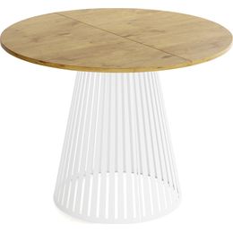 ESSTISCH Naro rund ausziehbar mit Wei&szlig;em Lamellen-Metallgestell, Braun 120-200/120/76 cm