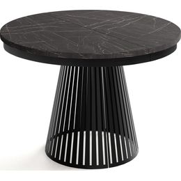 ESSTISCH Naro rund ausziehbar mit Schwarzem Lamellen-Metallgestell, Marmor Schwarz 100-180/100/76 cm