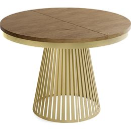 ESSTISCH Naro rund ausziehbar mit Goldem Lamellen-Metallgestell, Eiche Braun Rustikal 120-200/120/76 cm