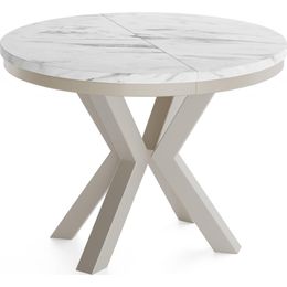 ESSTISCH Clara Grau-Beige runder ausziehbarer, Marmor Wei&szlig; 100-180/100/76 cm
