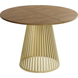 ESSTISCH Naro rund ausziehbar mit Goldenem Lamellen-Metallgestell, Braun 100-180/100/76 cm