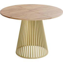 ESSTISCH Naro rund ausziehbar mit Goldenem Lamellen-Metallgestell, Braun 100-180/100/76 cm