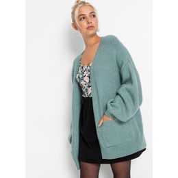 Strickjacke bonprix "Oversize-Strickjacke", Damen, Gr. 36/38 (S), gr&uuml;n (rauchsalbei meliert), Obermaterial: 75% Polyacryl, 22% Polyester, 3% Elasthan, oversize, Strickjacken Strickjacke, Oversize-Passform, mit aufgesetzten Taschen