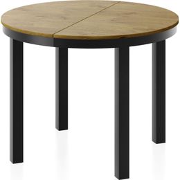 ESSTISCH Corin Schwarz runder ausziehbarer, Lancelot Eiche 100-176/100/76 cm