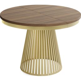 ESSTISCH Naro rund ausziehbar mit Goldem Lamellen-Metallgestell, Walnuss Braun 120-200/120/76 cm