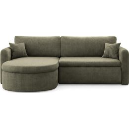 ECKSOFA Cora mit Schlaffunktion & Stauraum, Universell Rechts/Links, Olivgr&uuml;n Cord Chenille 260/82/160 cm
