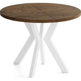 ESSTISCH Savio Wei&szlig; rund ausziehbar verl&auml;ngerbar, Eiche Braun Rustikal 90-190/90/77 cm
