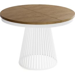 ESSTISCH Naro rund ausziehbar mit Wei&szlig;em Lamellen-Metallgestell, Braun 100-180/100/76 cm