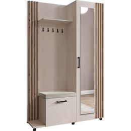 GARDEROBE Linaro mit Spiegel, Sitzbank in Lamellen-Optik 137/207/42 cm, Links