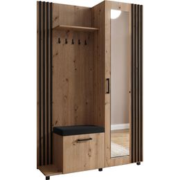 GARDEROBE Linaro mit Spiegel, Sitzbank in Lamellen-Optik 137/207/42 cm, Links