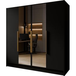 KLEIDERSCHRANK Mono Lux mit Speigel, Dreht&uuml;ren mit Goldene Metallgriffe, Schwarz 200/200/51 cm
