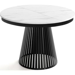 ESSTISCH Naro rund ausziehbar mit Schwarzem Lamellen-Metallgestell, Marmor Wei&szlig; 120-200/120/76 cm