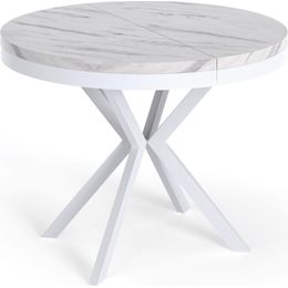 ESSTISCH Cloud runder ausziehbarer, Marmor Wei&szlig; 90-170/90/76 cm