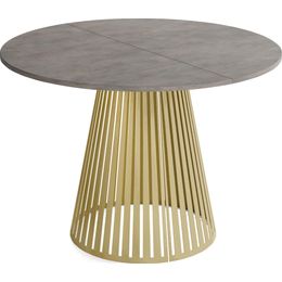 ESSTISCH Naro rund ausziehbar mit Goldenem Lamellen-Metallgestell, Beton-Optik Dunkelgrau 100-180/100/76 cm